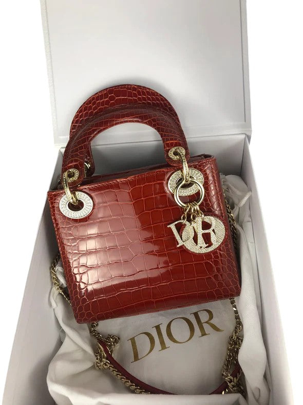 Christian Dior Lady Dior Mini Exotic Crocodile Leather Crystal and Gol ...
